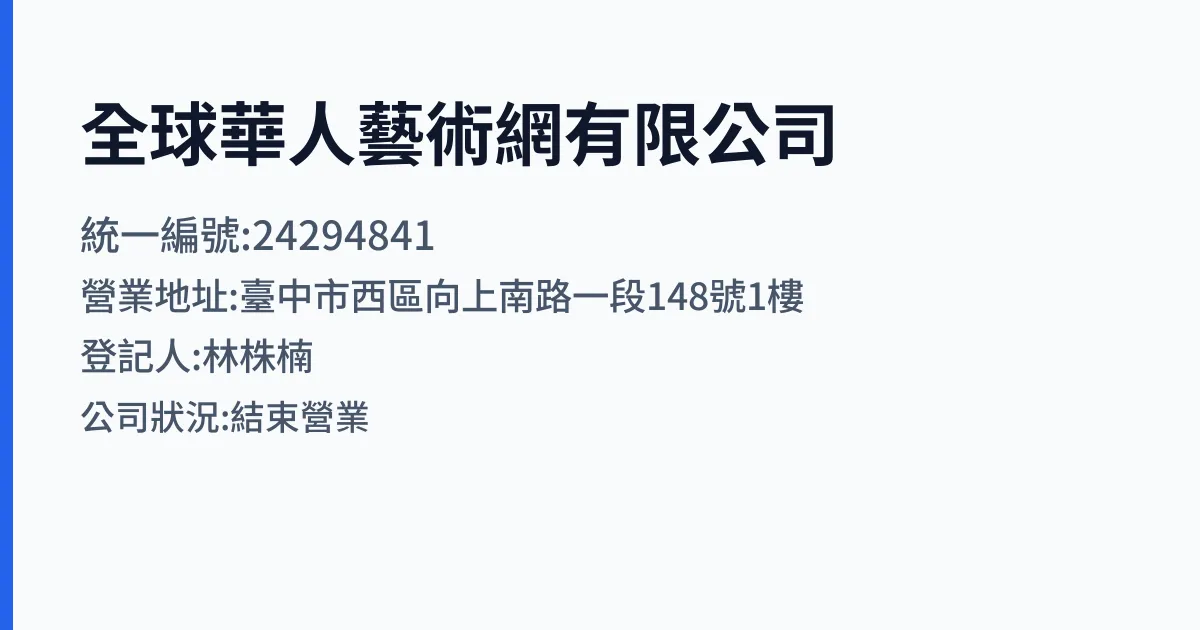 全球華人藝術網有限公司 - 統編 24294841(臺中市) 公司登記資料與營業項目詳細圖表