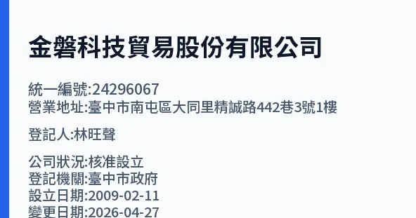 金磐科技貿易股份有限公司的照片-統編 24296067(臺中市) 公司登記資料與營業項目詳細圖表