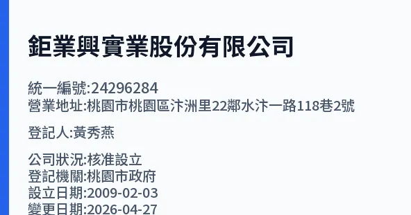 鉅業興實業股份有限公司的照片-統編 24296284(桃園市) 公司登記資料與營業項目詳細圖表