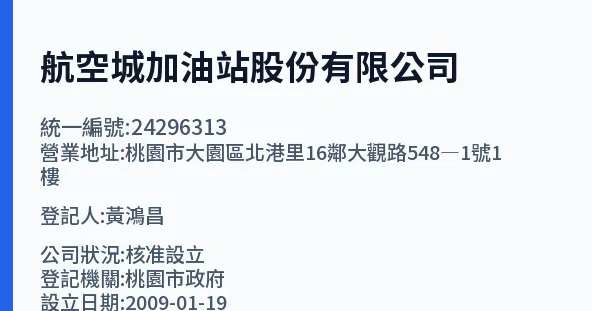 航空城加油站股份有限公司的照片-統編 24296313(桃園市) 公司登記資料與營業項目詳細圖表