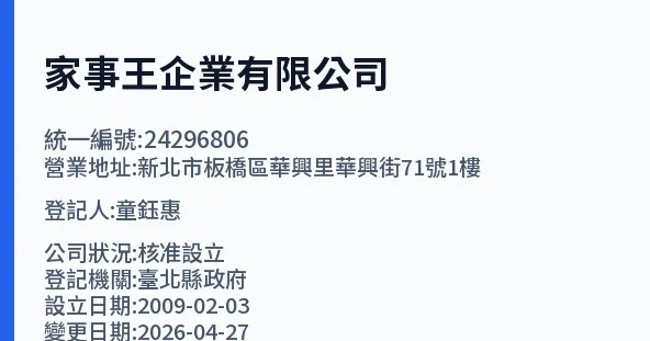 家事王企業有限公司的照片-統編 24296806(新北市) 公司登記資料與營業項目詳細圖表