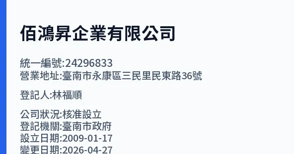 佰鴻昇企業有限公司的照片-統編 24296833(臺南市) 公司登記資料與營業項目詳細圖表