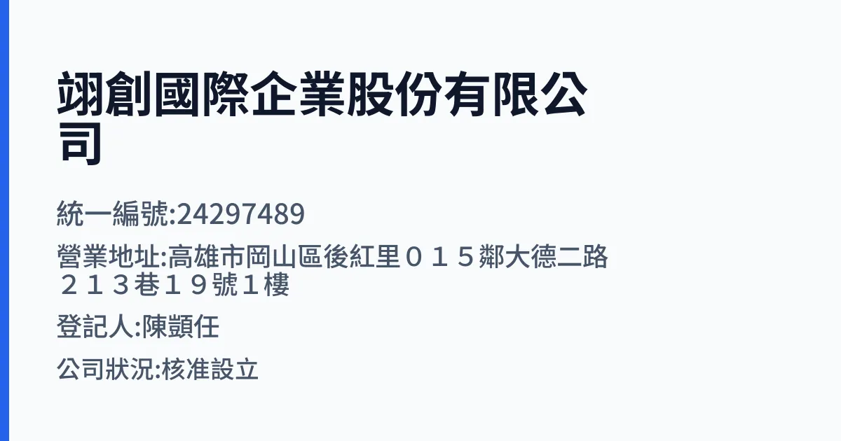 翊創國際企業股份有限公司 - 統編 24297489(高雄市) 公司登記資料與營業項目詳細圖表