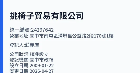 挑椅子貿易有限公司的照片-統編 24297642(臺中市) 公司登記資料與營業項目詳細圖表