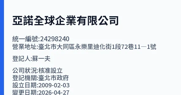 亞諾全球企業有限公司的照片-統編 24298240(臺北市) 公司登記資料與營業項目詳細圖表