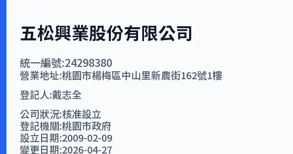 五松興業股份有限公司的照片-統編 24298380(桃園市) 公司登記資料與營業項目詳細圖表