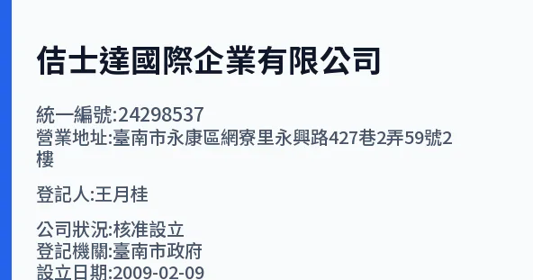 佶士達國際企業有限公司的照片-統編 24298537(臺南市) 公司登記資料與營業項目詳細圖表