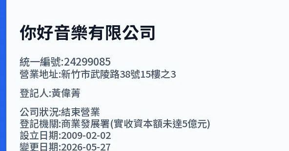 你好音樂有限公司的照片-統編 24299085(新竹縣) 公司登記資料與營業項目詳細圖表
