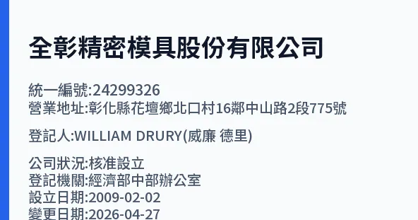 全彰精密模具股份有限公司的照片-統編 24299326(彰化縣) 公司登記資料與營業項目詳細圖表