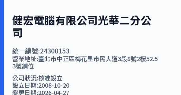 健宏電腦有限公司光華二分公司的照片-統編 24300153(臺北市) 公司登記資料與營業項目詳細圖表