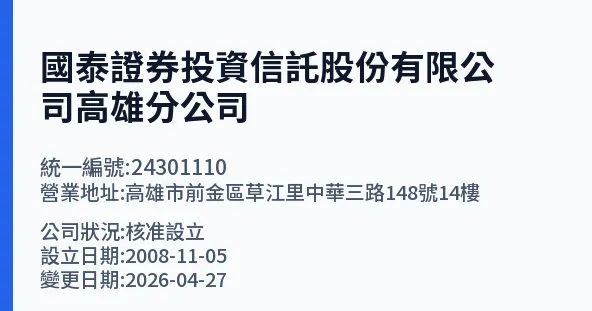 國泰證券投資信託股份有限公司高雄分公司的照片-統編 24301110(高雄市) 公司登記資料與營業項目詳細圖表