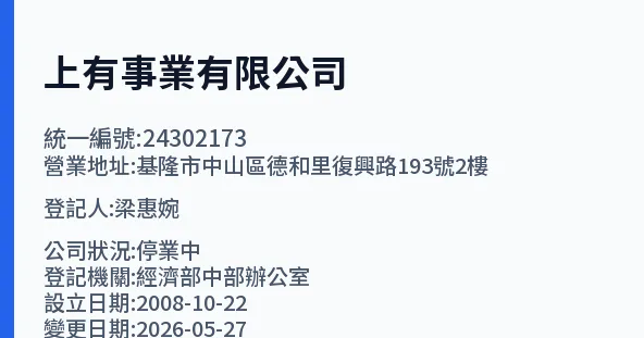 上有事業有限公司的照片-統編 24302173(基隆市) 公司登記資料與營業項目詳細圖表