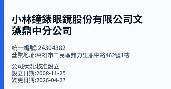 小林鐘錶眼鏡股份有限公司文藻鼎中分公司的照片-統編 24304382(高雄市) 公司登記資料與營業項目詳細圖表
