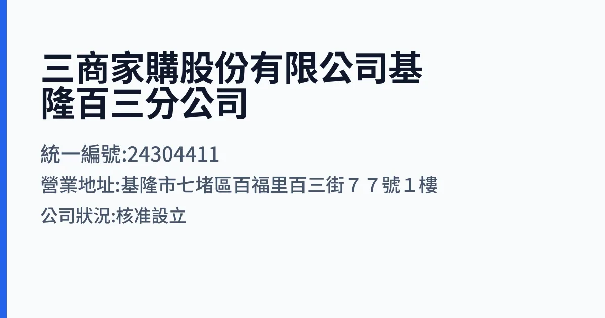 三商家購股份有限公司基隆百三分公司 - 統編 24304411(基隆市) 公司登記資料與營業項目詳細圖表