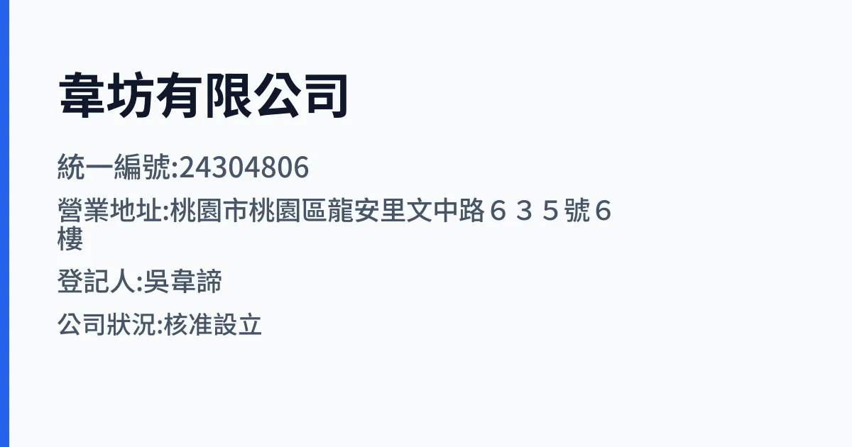 韋坊有限公司 - 統編 24304806(桃園市) 公司登記資料與營業項目詳細圖表