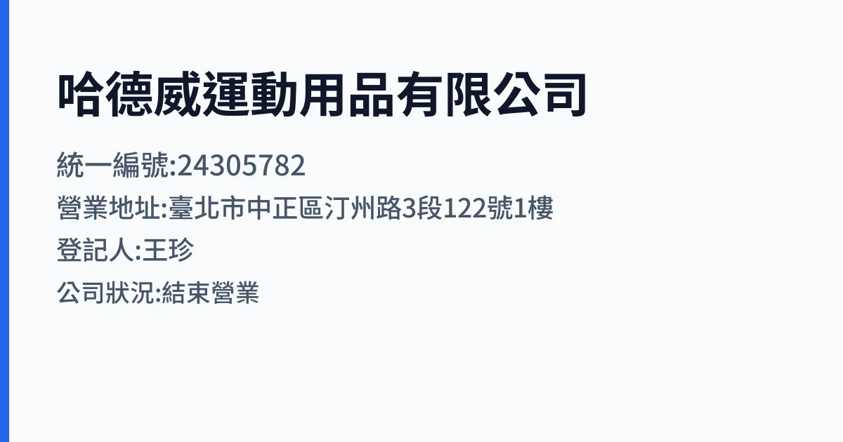 哈德威運動用品有限公司 - 統編 24305782(臺北市) 公司登記資料與營業項目詳細圖表