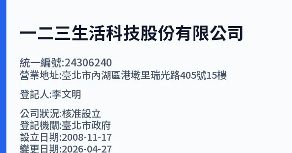 一二三生活科技股份有限公司的照片-統編 24306240(臺北市) 公司登記資料與營業項目詳細圖表