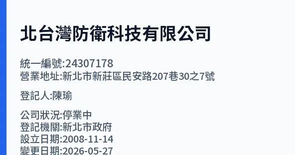 北台灣防衛科技有限公司的照片-統編 24307178(新北市) 公司登記資料與營業項目詳細圖表
