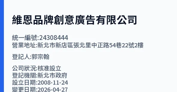維恩品牌創意廣告有限公司的照片-統編 24308444(新北市) 公司登記資料與營業項目詳細圖表