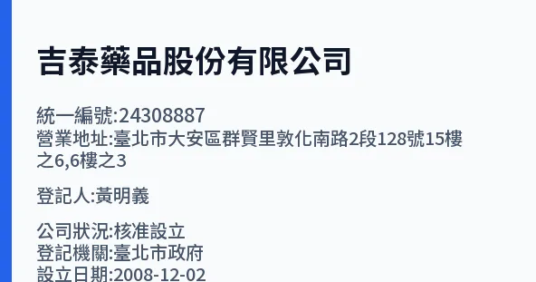 吉泰藥品股份有限公司的照片-統編 24308887(臺北市) 公司登記資料與營業項目詳細圖表