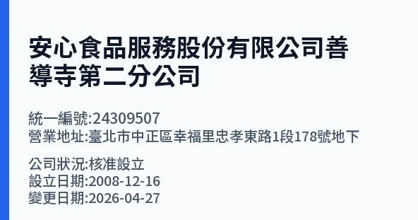 安心食品服務股份有限公司善導寺第二分公司的照片-統編 24309507(臺北市) 公司登記資料與營業項目詳細圖表