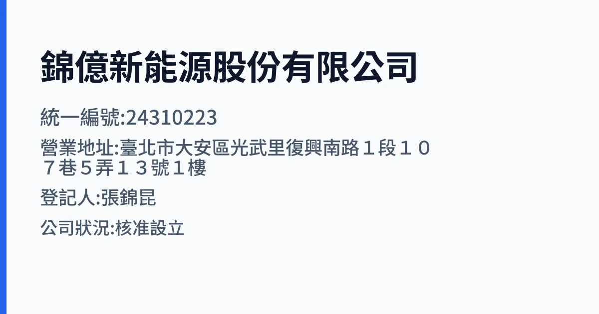 錦億新能源股份有限公司 - 統編 24310223(臺北市) 公司登記資料與營業項目詳細圖表