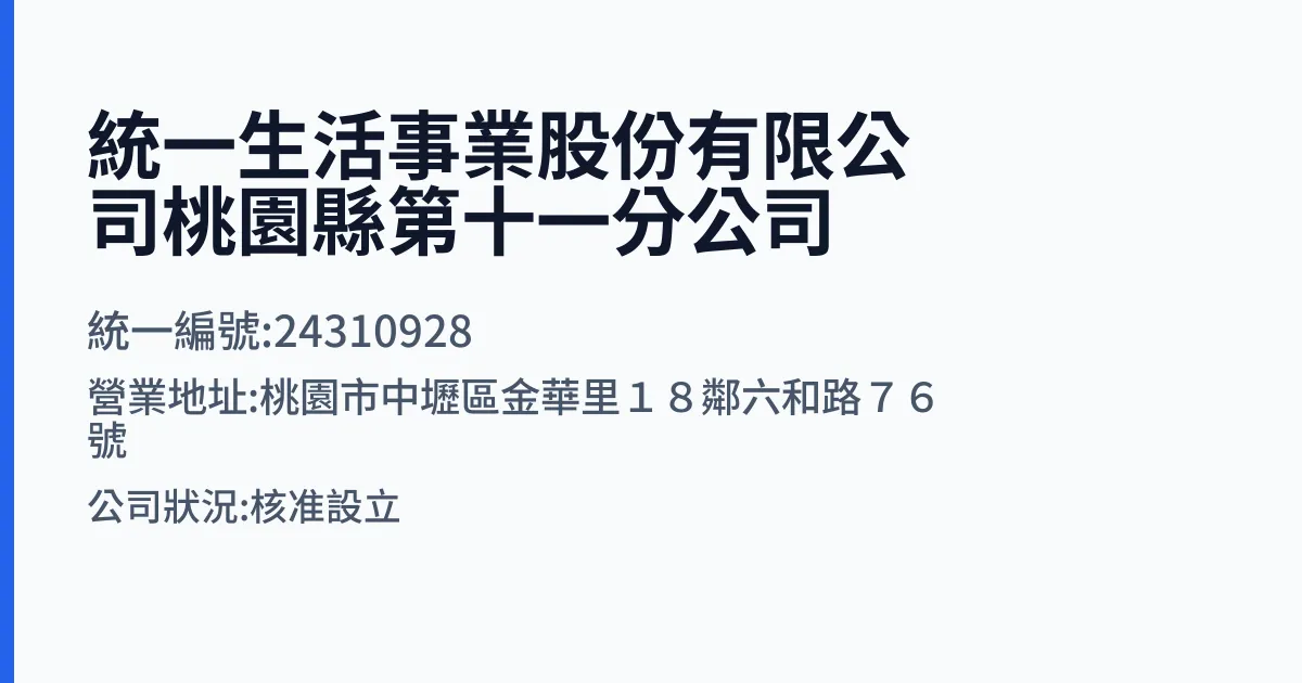 統一生活事業股份有限公司桃園縣第十一分公司 - 統編 24310928(桃園市) 公司登記資料與營業項目詳細圖表