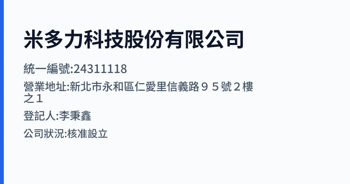 米多力科技股份有限公司 - 統編 24311118(新北市) 公司登記資料與營業項目詳細圖表