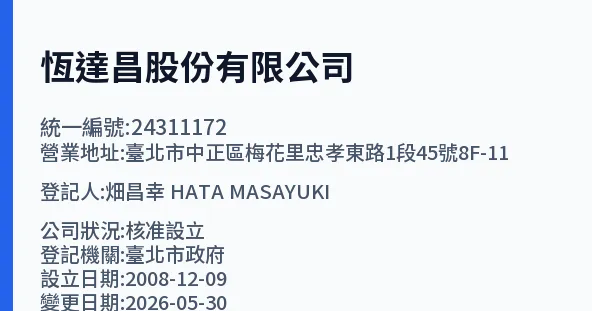 恆達昌股份有限公司的照片-統編 24311172(臺北市) 公司登記資料與營業項目詳細圖表