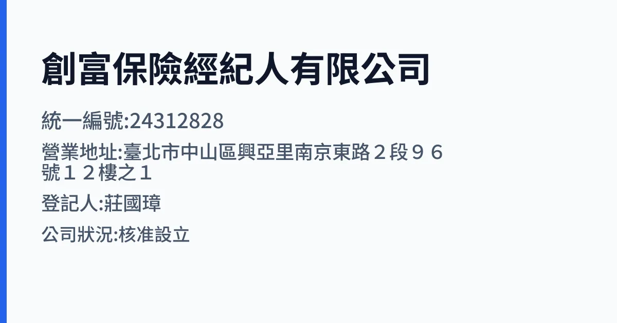創富保險經紀人有限公司 - 統編 24312828(臺北市) 公司登記資料與營業項目詳細圖表