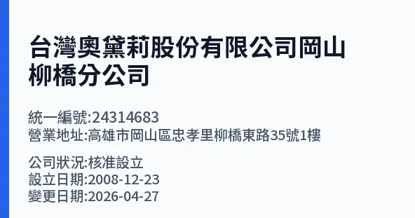 台灣奧黛莉股份有限公司岡山柳橋分公司的照片-統編 24314683(高雄市) 公司登記資料與營業項目詳細圖表