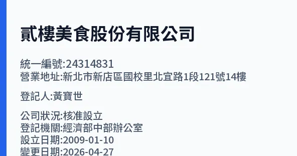 貳樓美食股份有限公司的照片-統編 24314831(新北市) 公司登記資料與營業項目詳細圖表