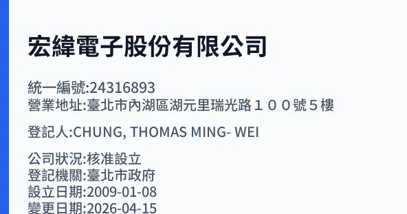 宏緯電子股份有限公司的照片-統編 24316893(臺北市) 公司登記資料與營業項目詳細圖表