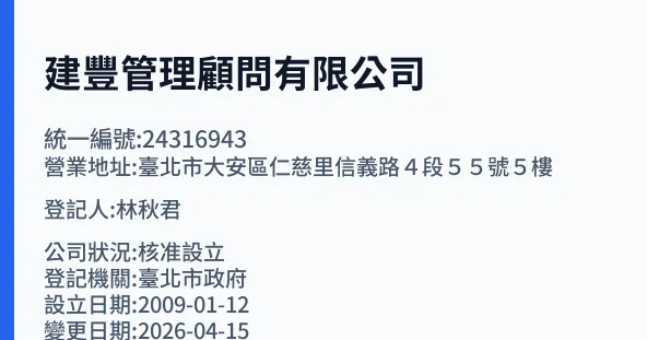 建豐管理顧問有限公司的照片-統編 24316943(臺北市) 公司登記資料與營業項目詳細圖表
