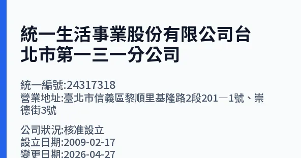 統一生活事業股份有限公司台北市第一三一分公司的照片-統編 24317318(臺北市) 公司登記資料與營業項目詳細圖表