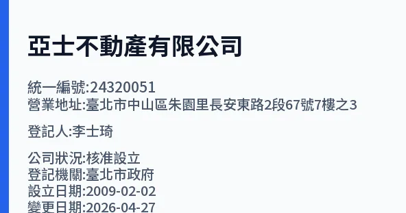 亞士不動產有限公司的照片-統編 24320051(臺北市) 公司登記資料與營業項目詳細圖表