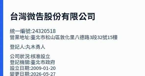 台灣微告股份有限公司的照片-統編 24320518(臺北市) 公司登記資料與營業項目詳細圖表