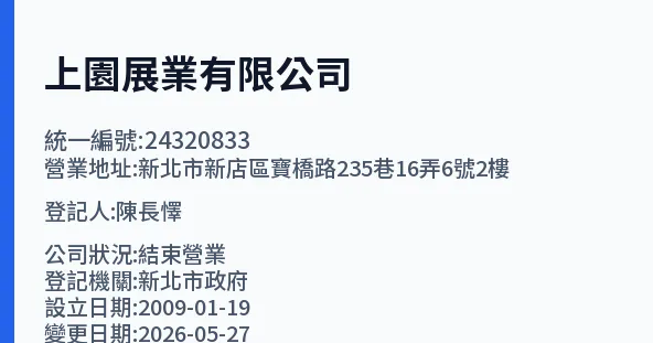 上園展業有限公司的照片-統編 24320833(新北市) 公司登記資料與營業項目詳細圖表