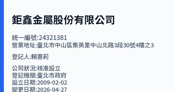 鉅鑫金屬股份有限公司的照片-統編 24321381(臺北市) 公司登記資料與營業項目詳細圖表