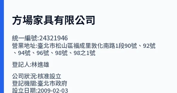 方場家具有限公司的照片-統編 24321946(臺北市) 公司登記資料與營業項目詳細圖表
