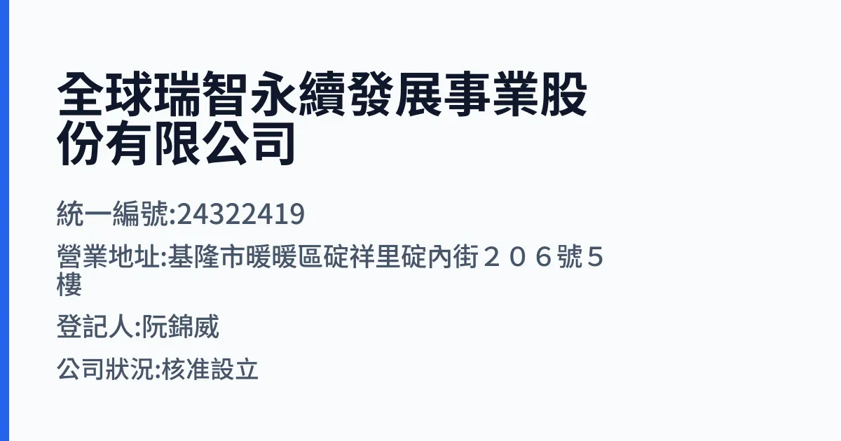 全球瑞智永續發展事業股份有限公司 - 統編 24322419(基隆市) 公司登記資料與營業項目詳細圖表
