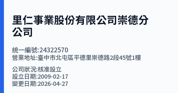 里仁事業股份有限公司崇德分公司的照片-統編 24322570(臺中市) 公司登記資料與營業項目詳細圖表