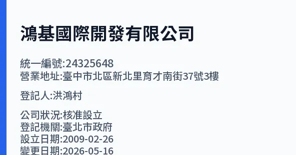 鴻基國際開發有限公司的照片-統編 24325648(臺中市) 公司登記資料與營業項目詳細圖表
