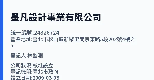 墨凡設計事業有限公司的照片-統編 24326724(臺北市) 公司登記資料與營業項目詳細圖表