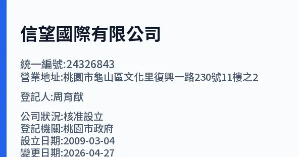 信望國際有限公司的照片-統編 24326843(桃園市) 公司登記資料與營業項目詳細圖表