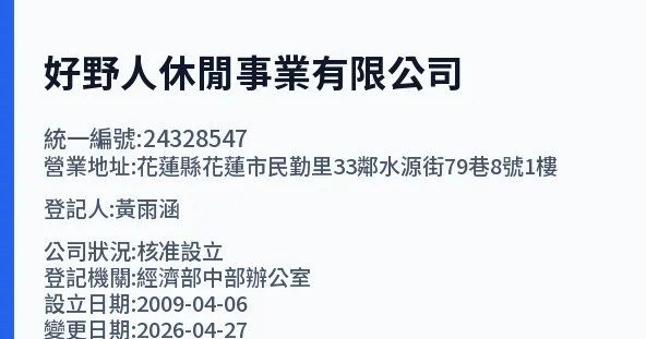 好野人休閒事業有限公司的照片-統編 24328547(花蓮縣) 公司登記資料與營業項目詳細圖表