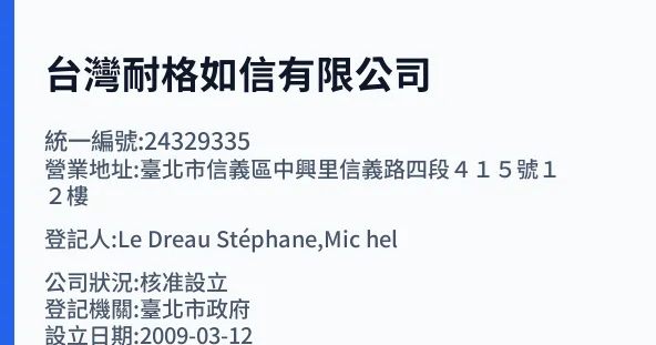 台灣耐格如信有限公司的照片-統編 24329335(臺北市) 公司登記資料與營業項目詳細圖表