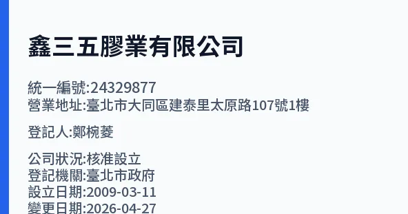 鑫三五膠業有限公司的照片-統編 24329877(臺北市) 公司登記資料與營業項目詳細圖表