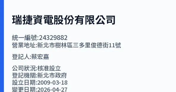 瑞捷資電股份有限公司的照片-統編 24329882(新北市) 公司登記資料與營業項目詳細圖表