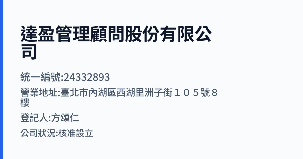 達盈管理顧問股份有限公司 - 統編 24332893(臺北市) 公司登記資料與營業項目詳細圖表